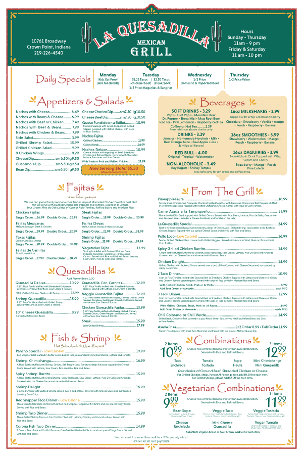 Locations - Crown Point - La Quesadilla - Crown Point, Indiana